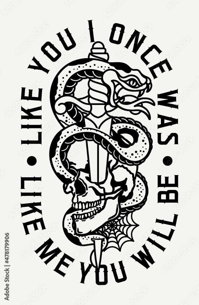 Black and White Snake Around Skull and Dagger Tattoo Style Illustration ...