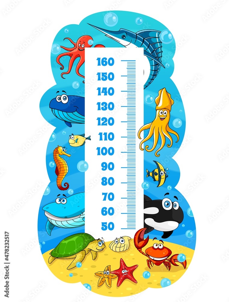 Kids height chart, cartoon sea animals growth measure meter ruler. Cute ...
