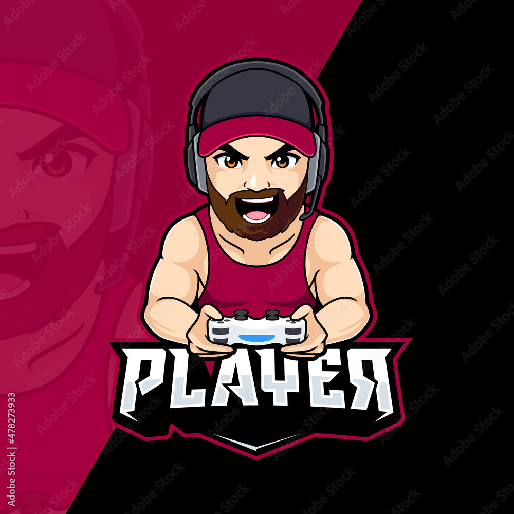 Muscular bearded man gamer mascot character for gaming esport logo ...