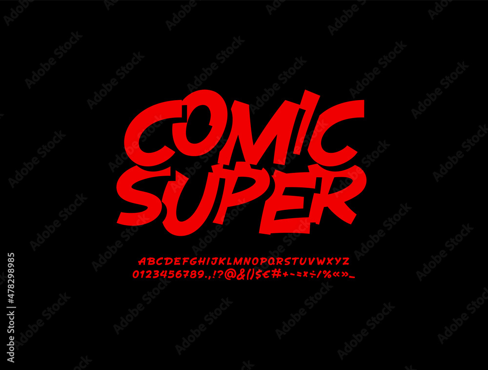 Comic handwritten red font, script alphabet, calligraphy cursive ...