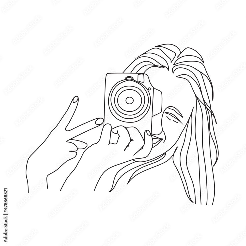Girl with a camera vector line drawing. Fine One Line Vector Art ...