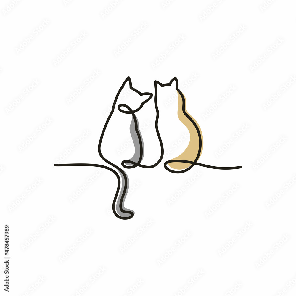 Back view of continuous line drawing of two cats - cute pet sitting ...