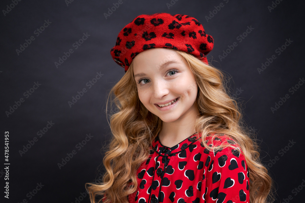 French fashion icon. Happy child wearing french red beret and dress on ...