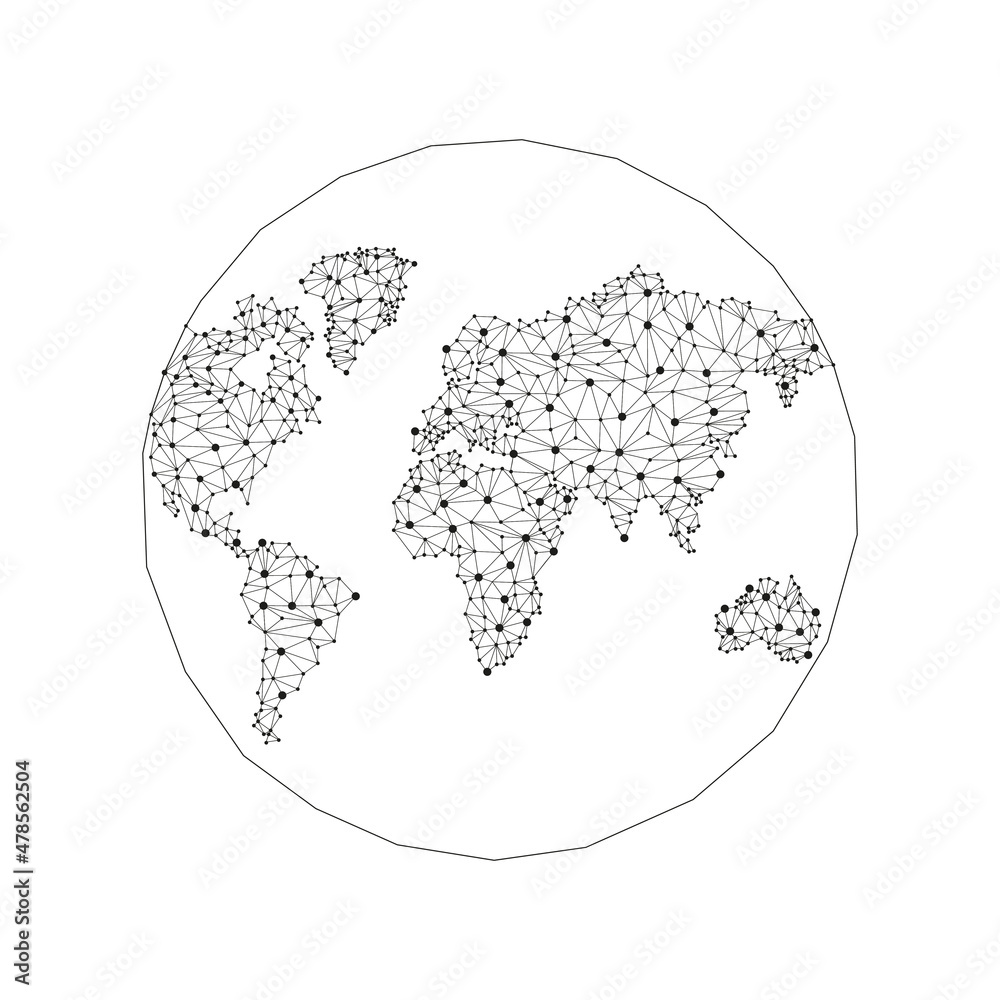 World map with connected triangular shapes. Continuous Earth line ...
