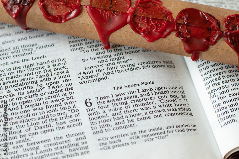 Foto de Stock Old red waxed seven seals scroll on Holy Bible Book. A ...