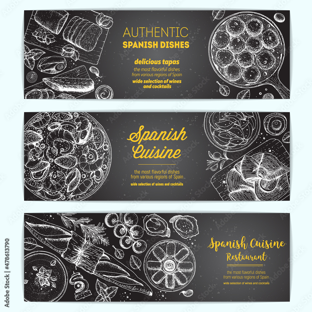 Spanish cuisine banner collection. Set spanish dishes with albondigas ...