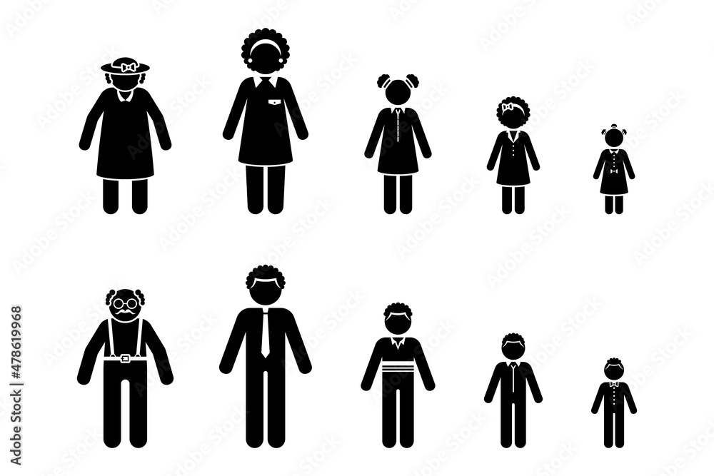 Stick figure family standing front view vector icon illustration set ...