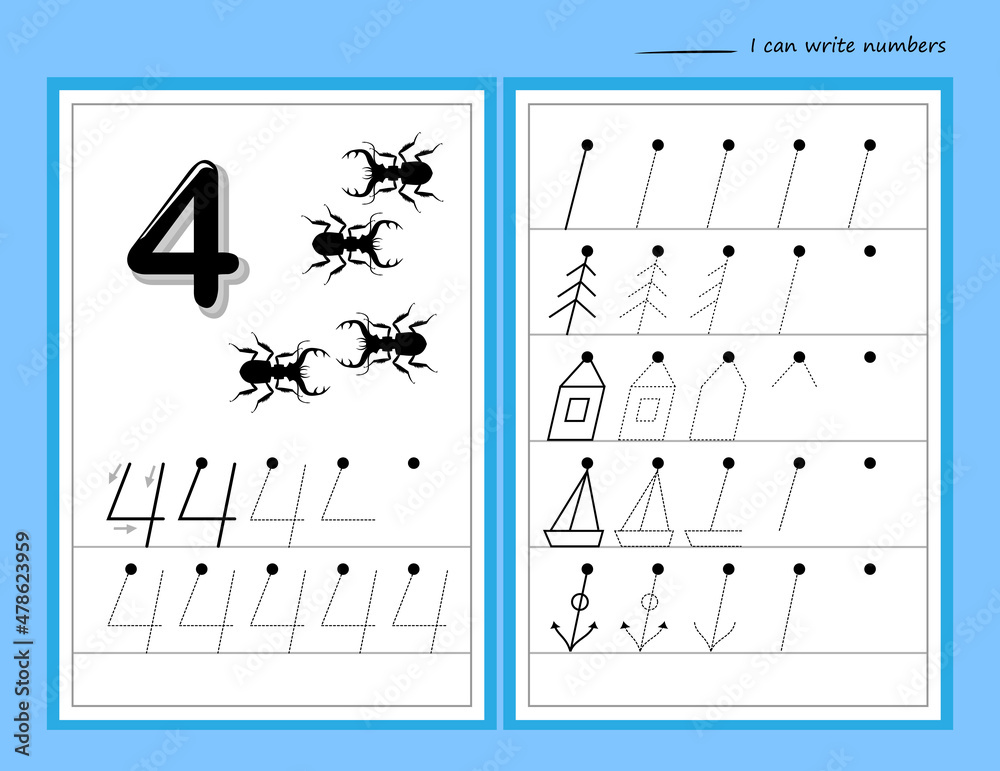 Learn to count and trace number four. Set of educational pages in line ...