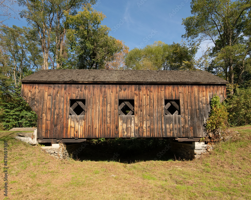 90 degree view of the Baltimore covered bridge is an old wooden bridge ...
