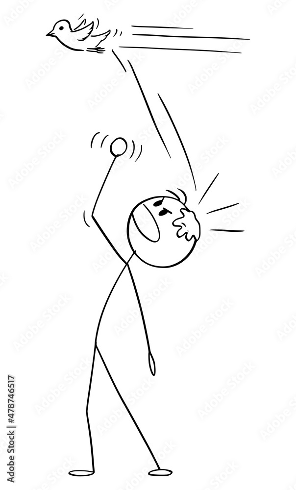 Bird Pooping on Head of Person, Vector Cartoon Stick Figure ...
