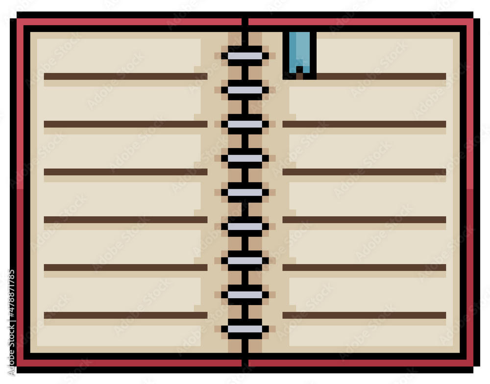 Pixel art open book, notebook, diary vector icon for 8bit game on white ...