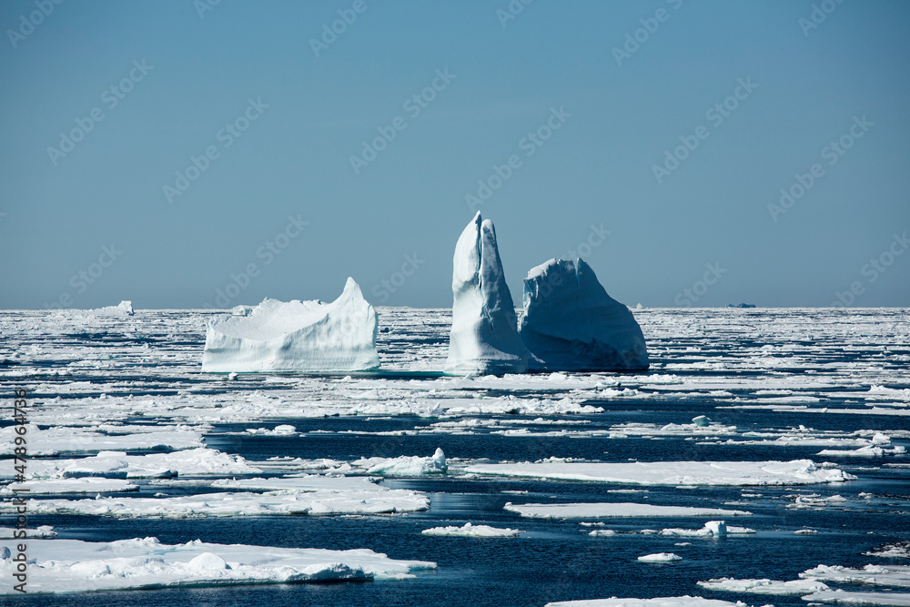 Icebergs floating in the melting sea ice in the Davis Strait. Stock ...