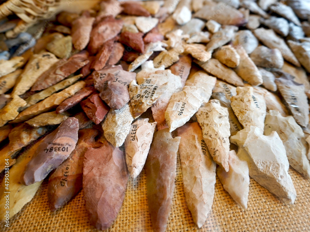 Display of arrowheads at Poverty Point World Heritage Site. Stone tools ...