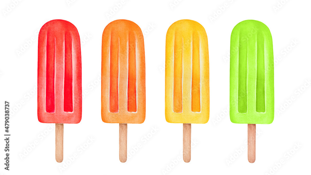 Watercolor popsicle collection in various colors: red, orange, yellow ...