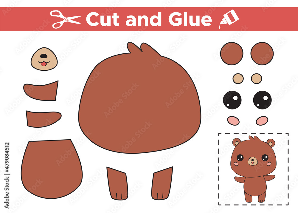 Cut and glue cute bear. Educational paper game for kids. Printable ...