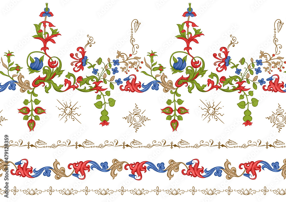 Floral vintage border line seamless pattern. Medieval illuminati ...
