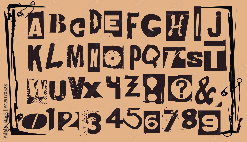 Punk typography vector alphabet and numbers. Type specimen set for ...