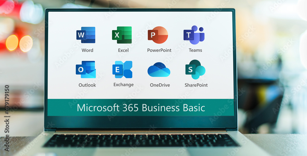 Laptop displaying logos of Microsoft 365 Business Basic Stock Photo ...