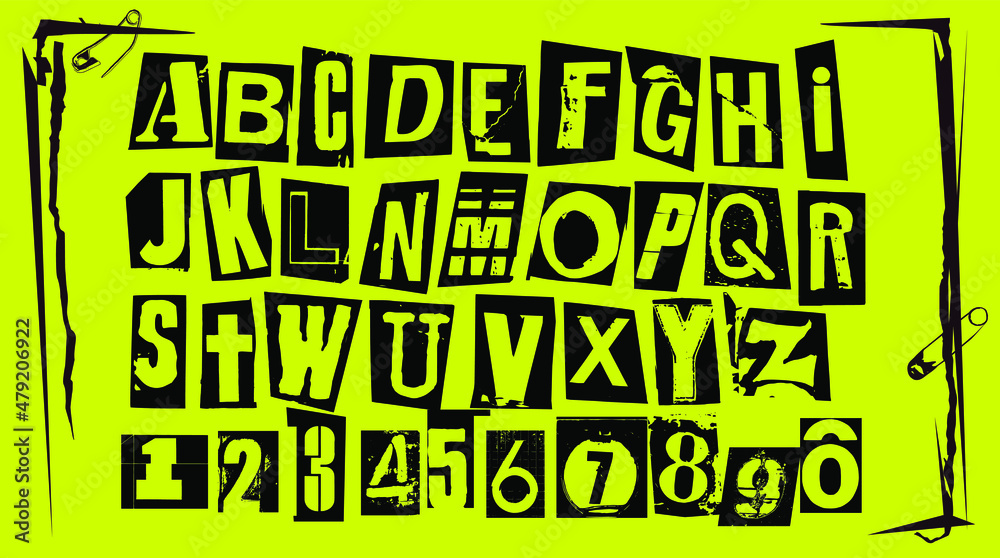 Punk typography vector alphabet and numbers. Type specimen set for ...