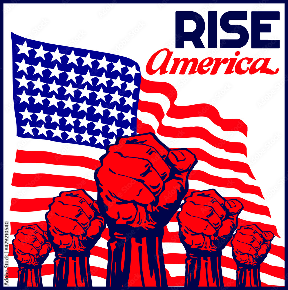 Vector illustration of raised red fists on a striped flag background in ...