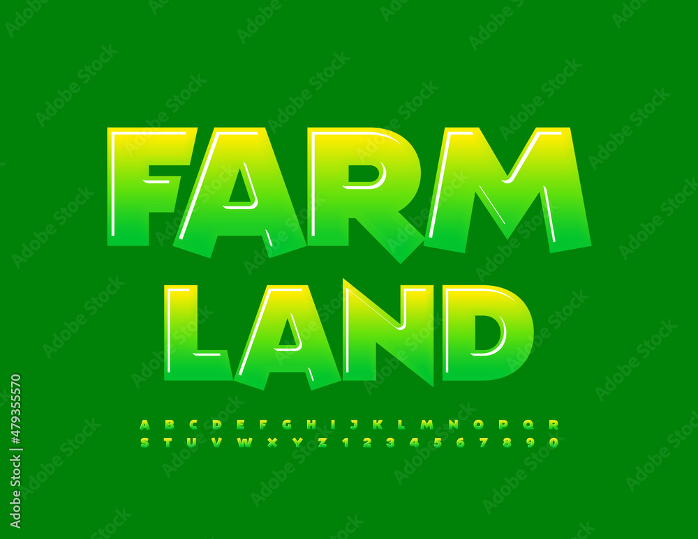 Vector green emblem Farm Land with glossy creative Font. Unique ...