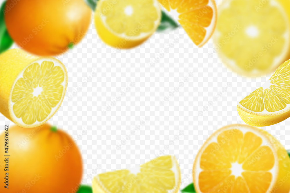 3D realistic citrus background with flying oranges and lemons, with ...