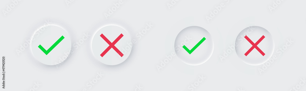 Check mark vector icons. Accept aprove and reject icons. Neumorphic soft effect white circle ...