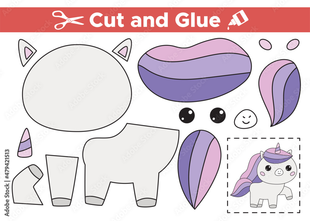 Cut and glue cute unicorn. Educational paper game for preschool kids ...