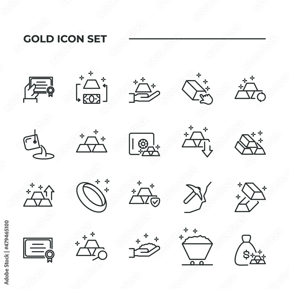 simple set of Gold vector icons with editable line styles covering gold ...