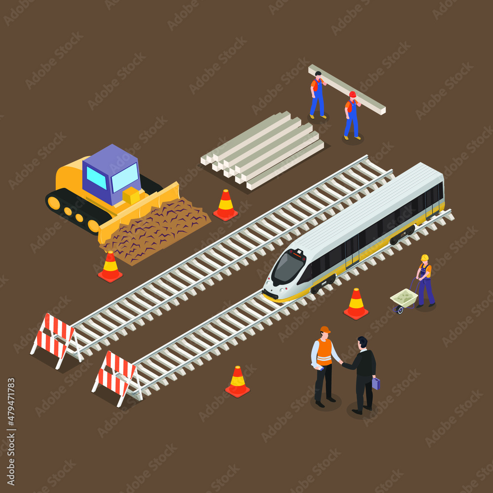 Train railway site construction isometric 3d vector concept for banner ...