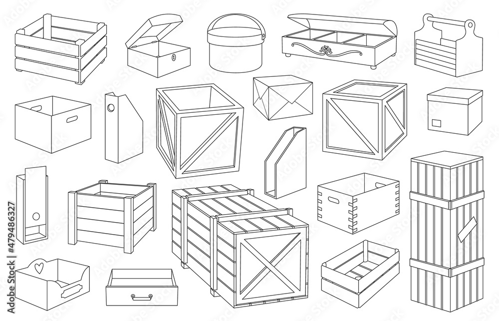 Wooden box isolated outline set icon. Outline set icon wood container ...