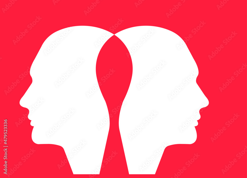 Two heads looking in different directions. Different opinion thinking ...