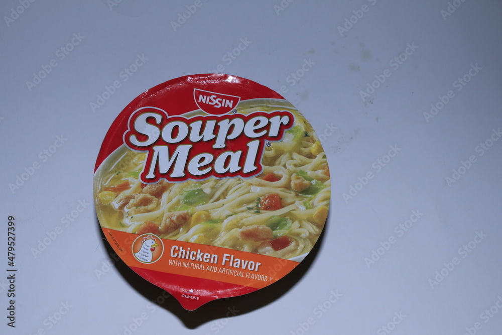 Nissin Chicken Flavor Ramen Noodles Souper Meal shot closeup with a ...