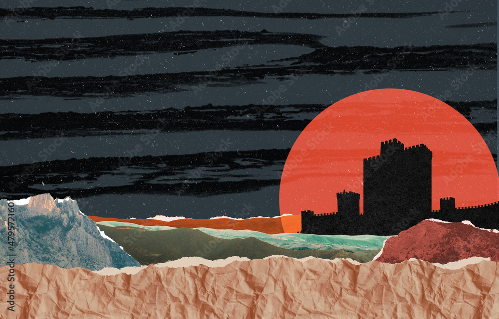 Paper art, conceptual landscape collage in dadaism style. Surreal ...