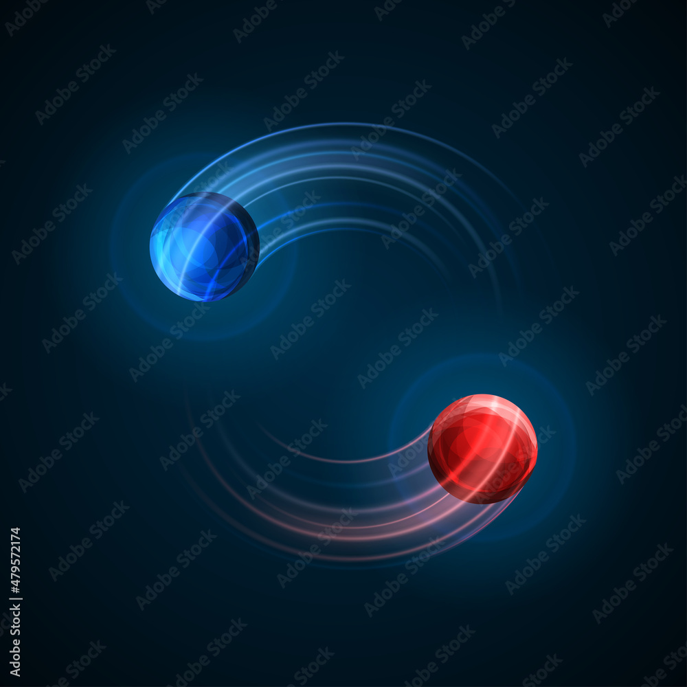 Red and blue particles collision. Vector illustration. Atom fusion ...