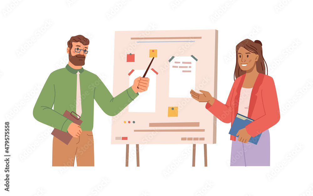 Business man and woman trainers, flat cartoon people present ...