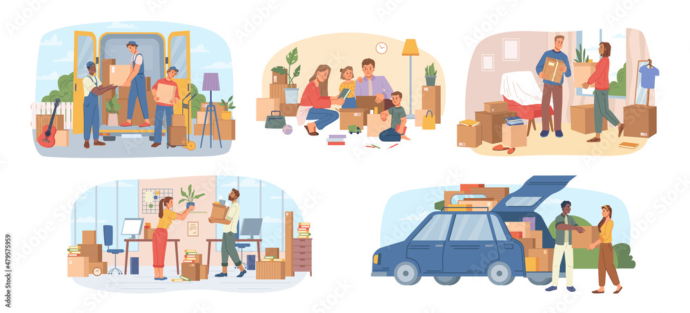 Moving relocation people flat cartoon characters set. Vector relocation ...
