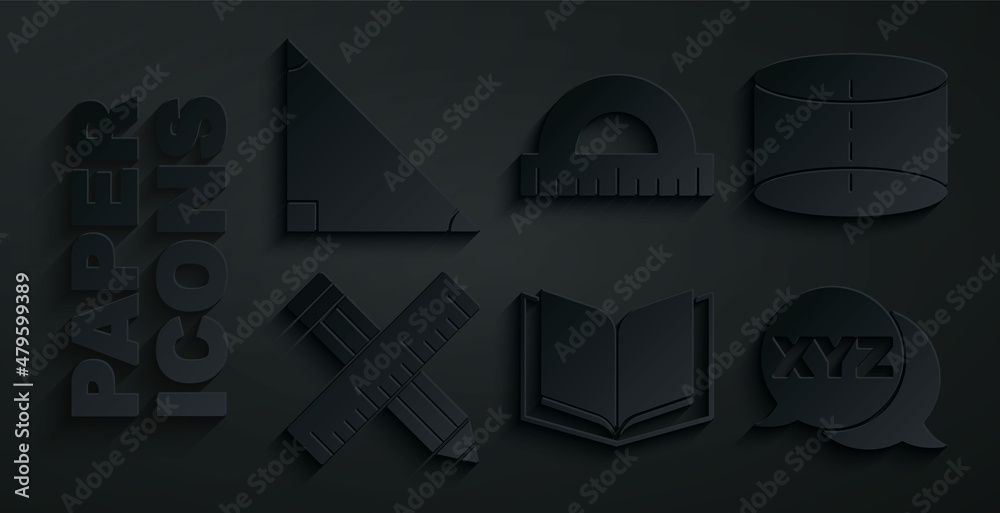 Set Open book, Geometric figure Cylinder, Crossed ruler and pencil, XYZ Coordinate system ...