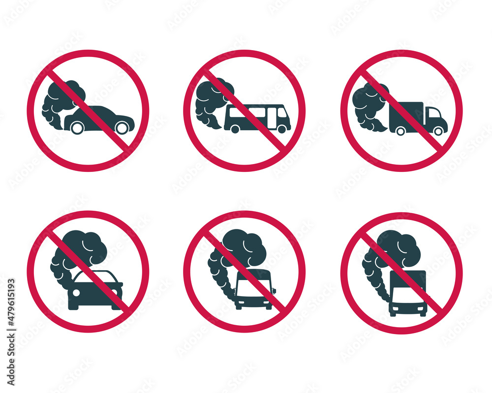 Signs prohibiting hazardous exhaust fumes. Car icon with exhaust gases ...