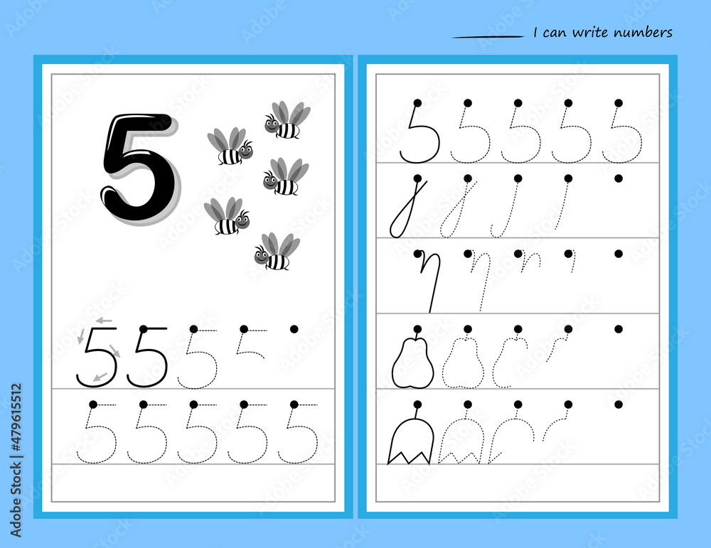 Learn to count and trace number five. Set of educational pages in line ...