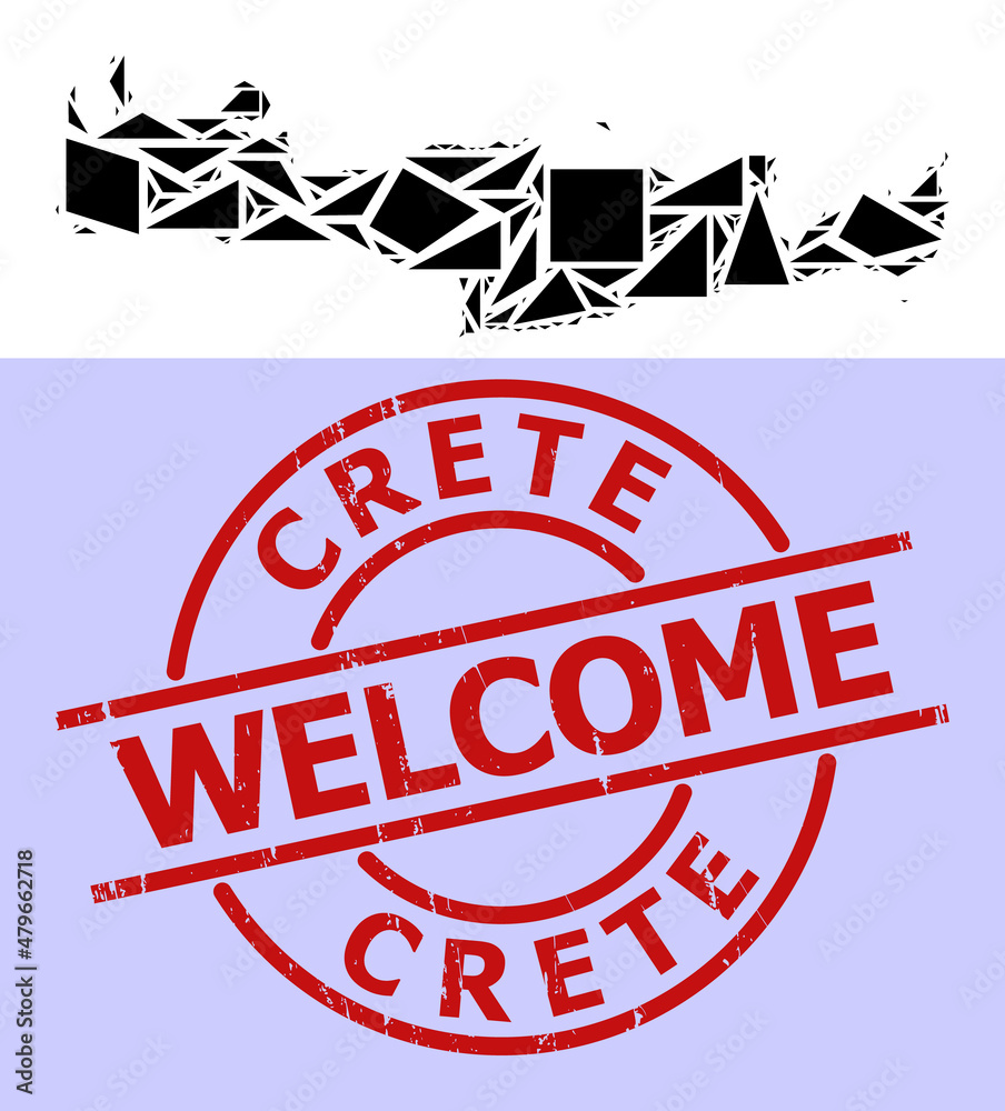 Simple geometric mosaic map of Crete Island with rubber stamp seal. Red ...