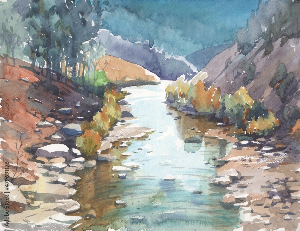 Landscape watercolor art painting background of wall art. Luxury ...