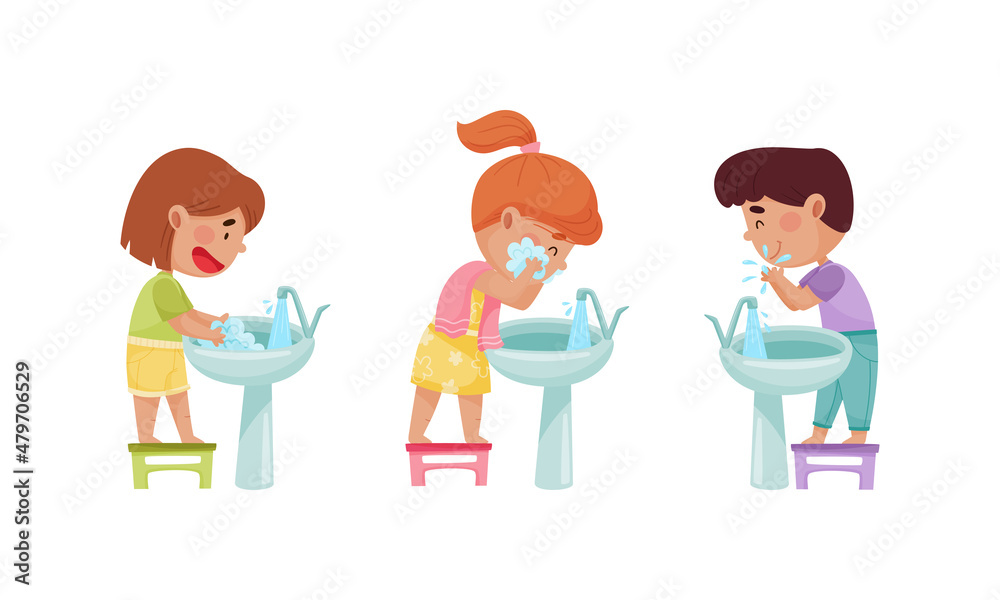 Cute happy kids daily routine set. Children washing their face and ...