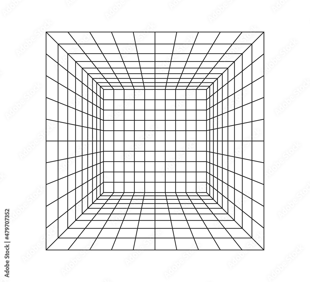 Wireframe perspective cube. 3d wireframe grid room. 3d perspective ...