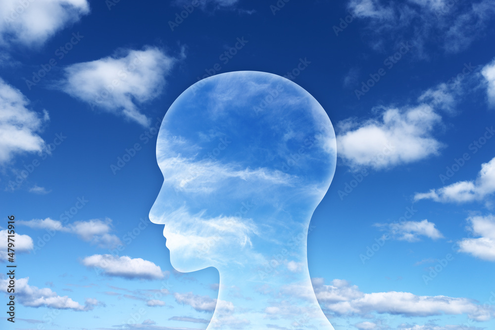 Mind and feeling concept. Person head silhouette and blue sky. Stock ...