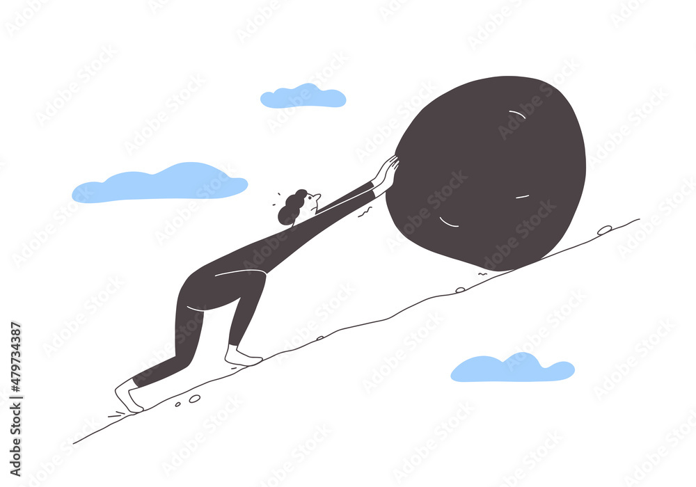 Cartoon character pushing big stone up hill. Duty concept, burden ...