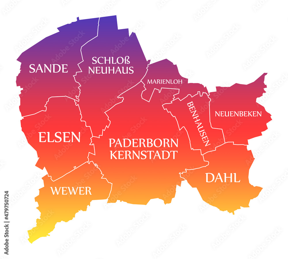 Paderborn City Map Germany DE labelled rainbow colored illustration ...