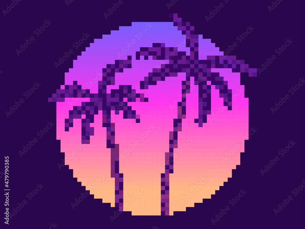 Praca wektorowa bez tantiem: Pixel art palm trees at sunset in 80s ...