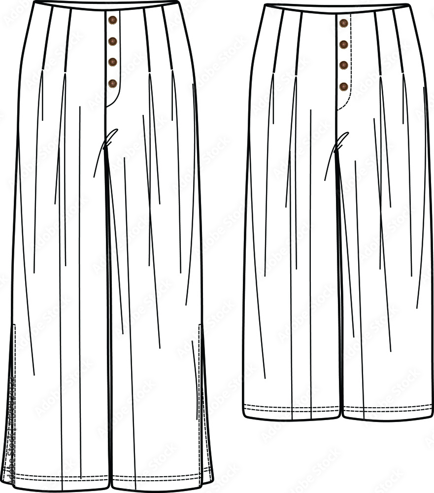 Vector wide leg trousers with side slits fashion CAD, woman relaxed fit ...
