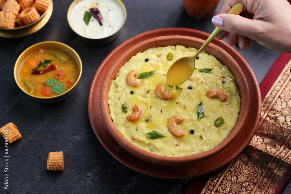 Ven Pongal Khara Pongal Sambar coconut chutney woman hand serving ...